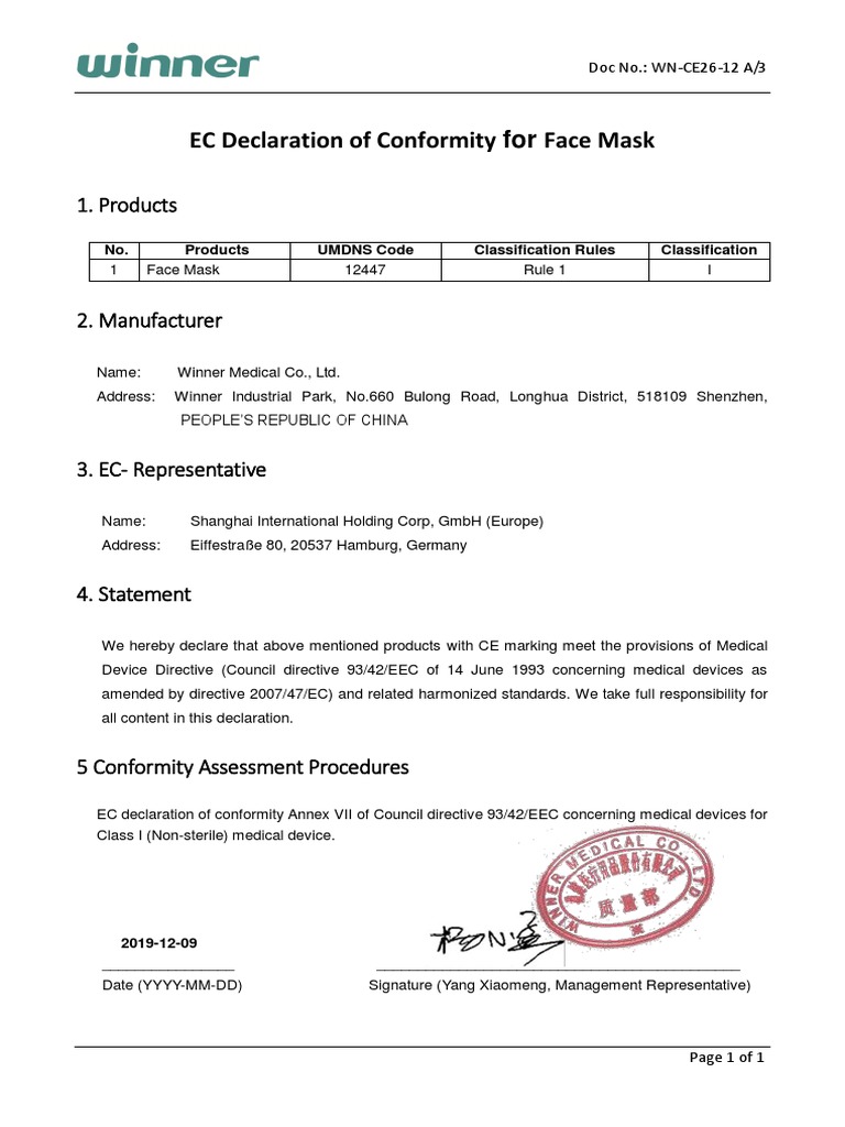 2.a EC Declaration of Conformity For Face Mask | PDF