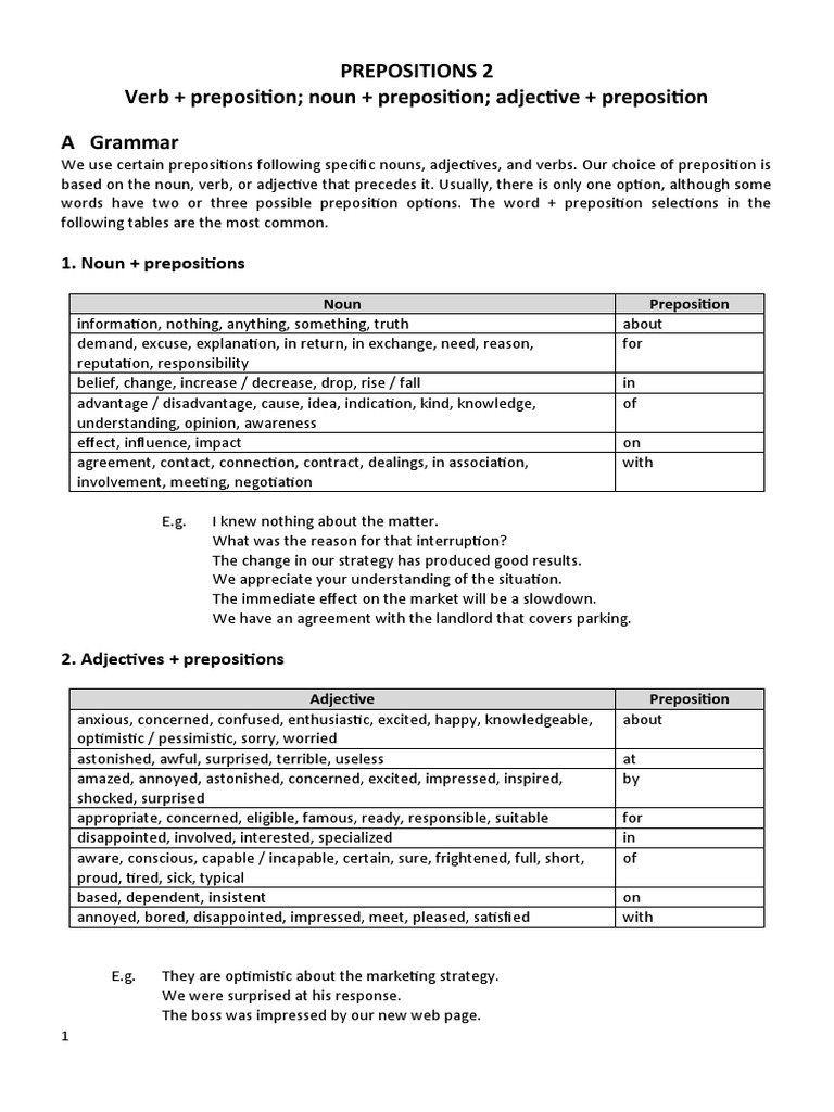 Prepositions 2 Verb + Preposition Noun + Preposition Adjective ...