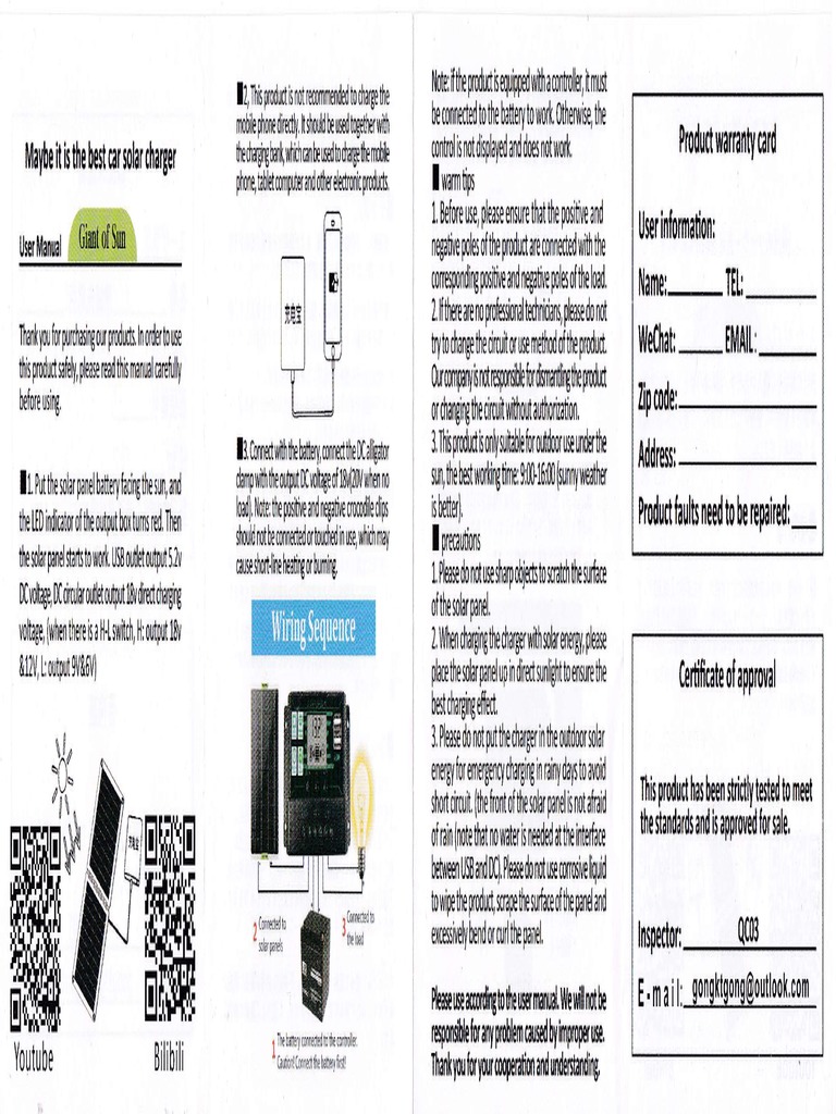 Giant of Sun Solar Charger Manual | PDF | Battery Charger | Battery ...