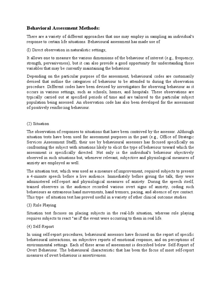 Behavioral Assessment Methods | PDF | Behavior | Self Report Study