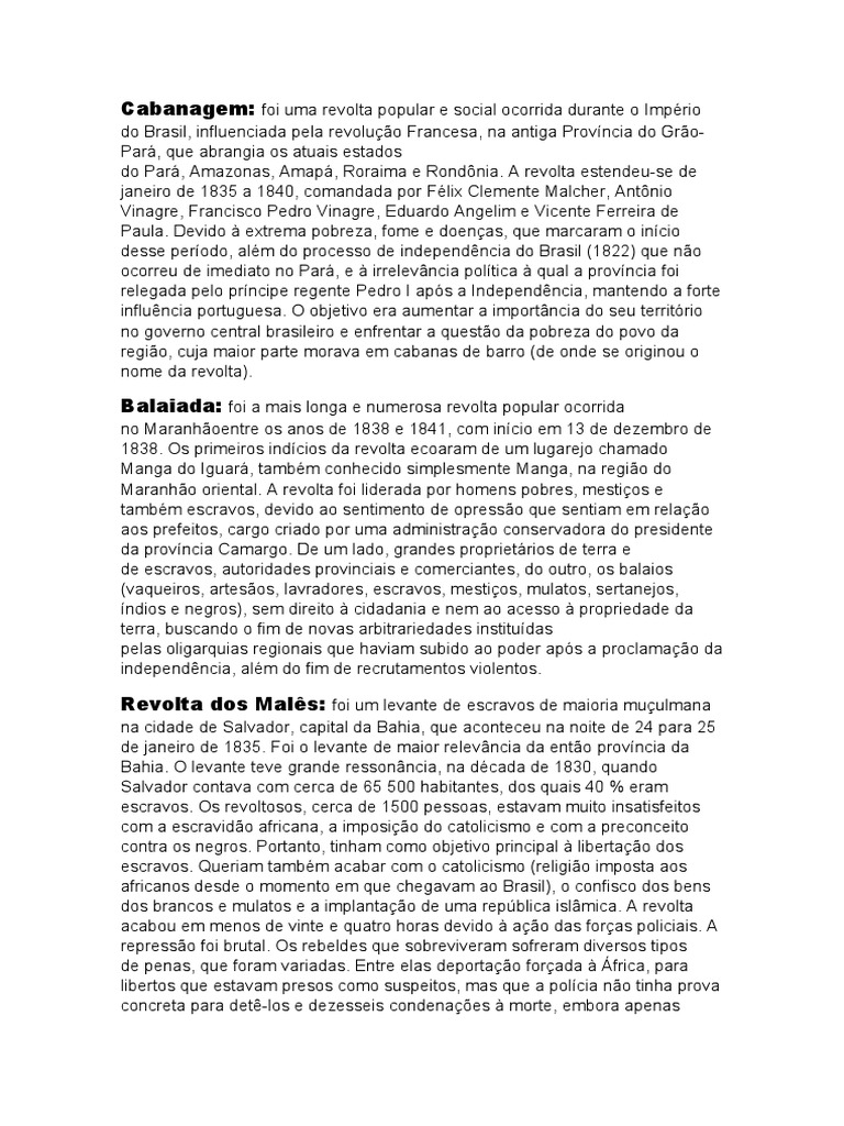 Cabanagem, Balaiada, Revolta Dos Malês, Sabinada e Revolução ...