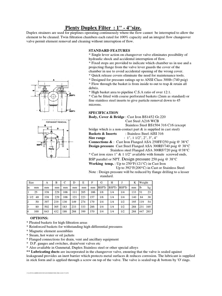 Plenty Duplex Filter: 1" - 4"size.: Design Pressure | PDF | Valve | Steel