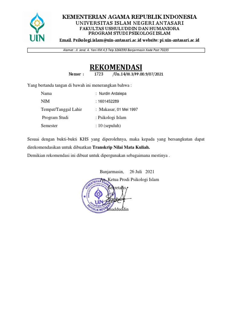 Surat Rekomendasi Transkirp Nilai MK. Nurdin Ardalepa | PDF Surat Rekomendasi Transkirp Nilai MK. Nurdin Ardalepa | PDF