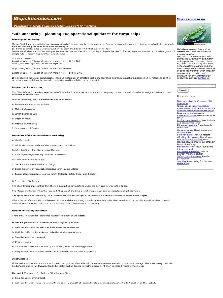 Safe Anchoring Planning and Operational Guidance For Cargo Ships | PDF ...