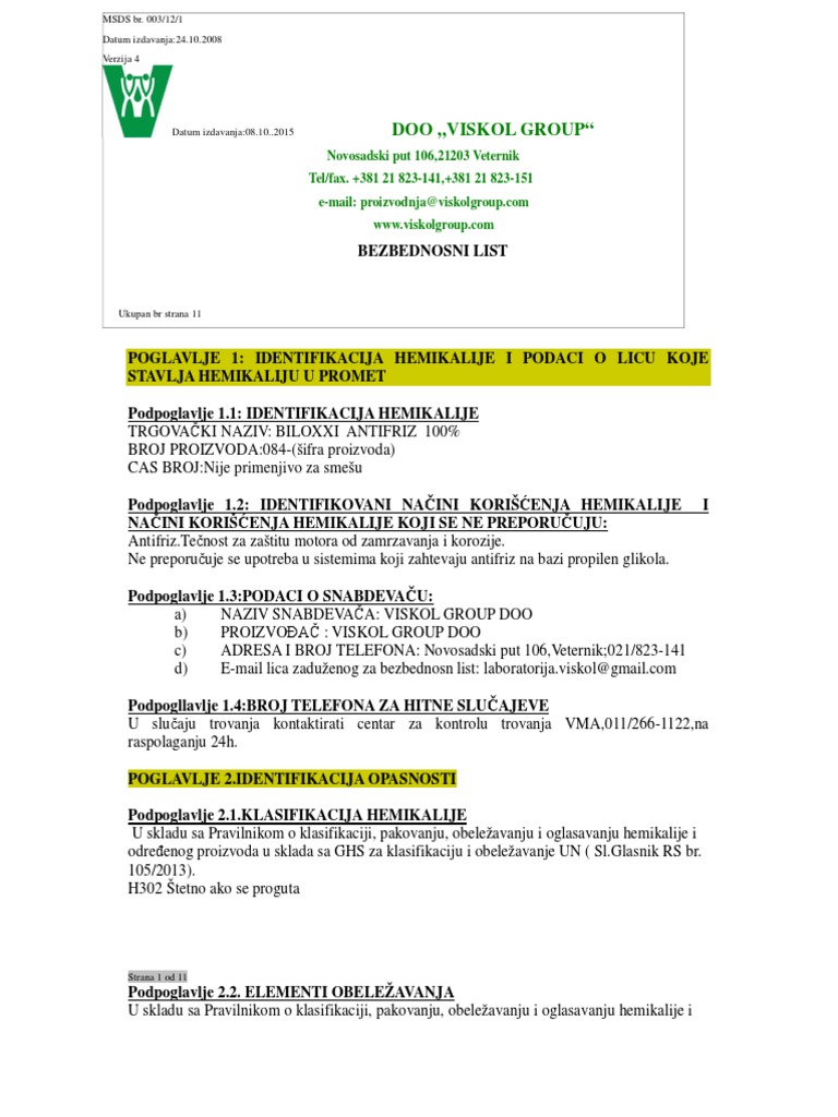 Biloxxi Antifriz MSDS | PDF
