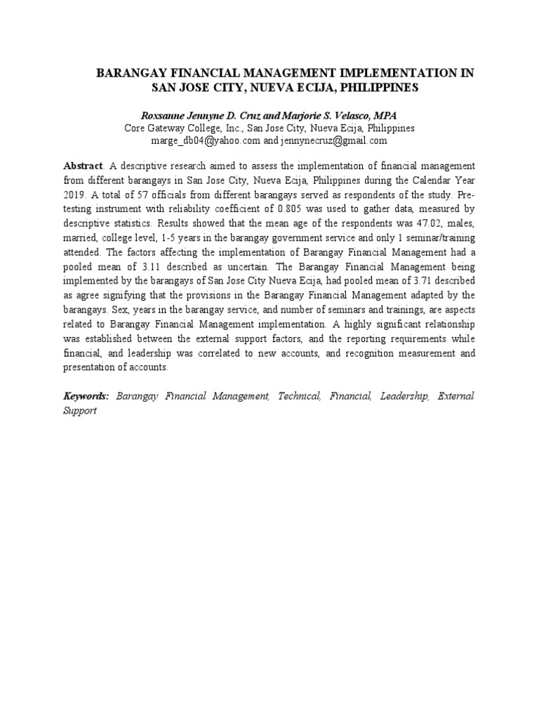 Barangay Financial Management Implementation in San Jose City, Nueva ...
