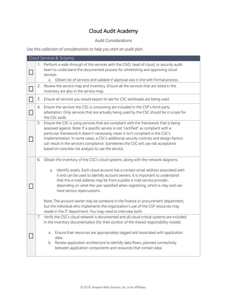 Cloud Audit Considerations Checklist | PDF | Cloud Computing | Computer ...