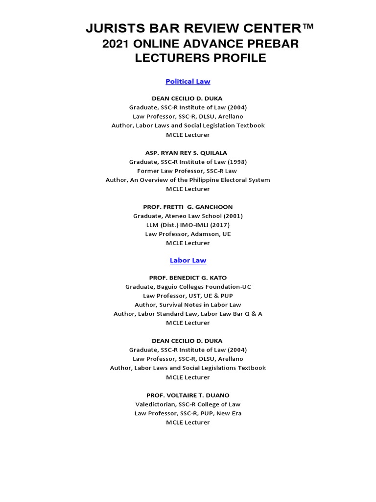 Jurists Bar Review Center™: 2021 Online Advance Prebar Lecturers ...