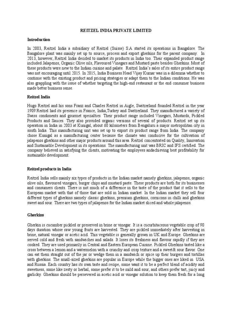 Reitzel India Private Limited | PDF | Pickled Cucumber | Mustard ...