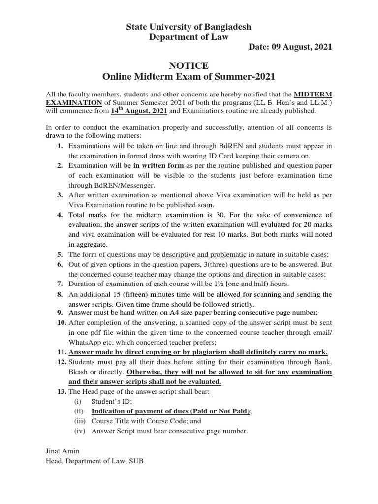 Notice Online Midterm Exam of Summer 2021 - Compressed | PDF