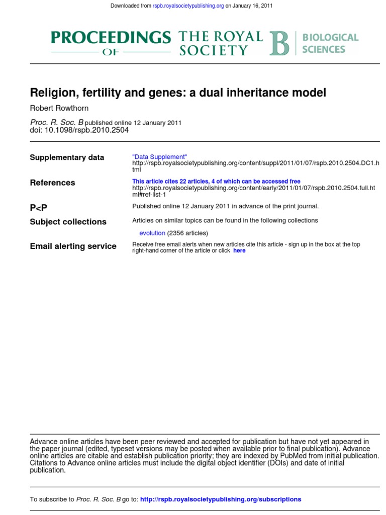 Religion, Fertility and Genes: A Dual Inheritance Model: Robert ...