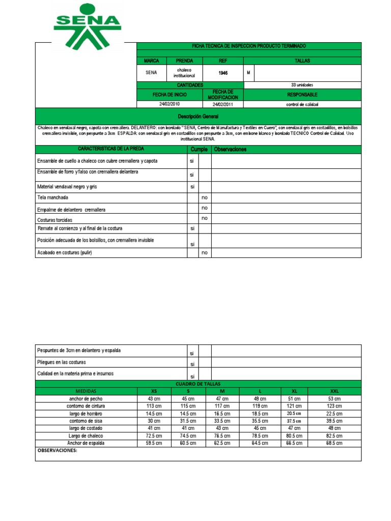 FICHA TECNICA DE INSPECCION PRODUCTO TERMINADO | Ropa | Ocio