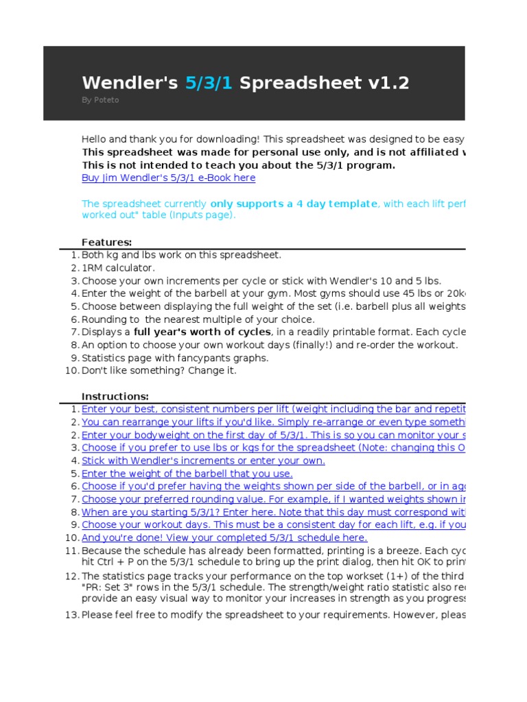 Jim Wendler 5/3/1 Spreadsheet Guide | PDF | Spreadsheet | Athletic Sports