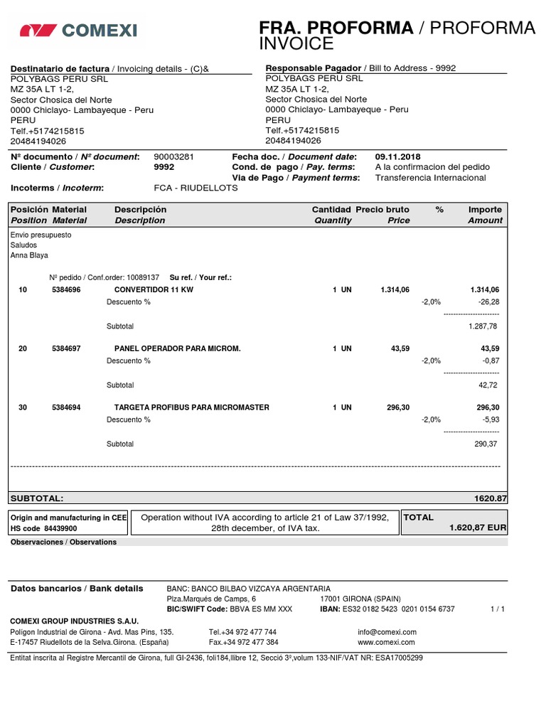 Invoice: Fra. Proforma / Proforma | PDF | Economía mundial | Comercio