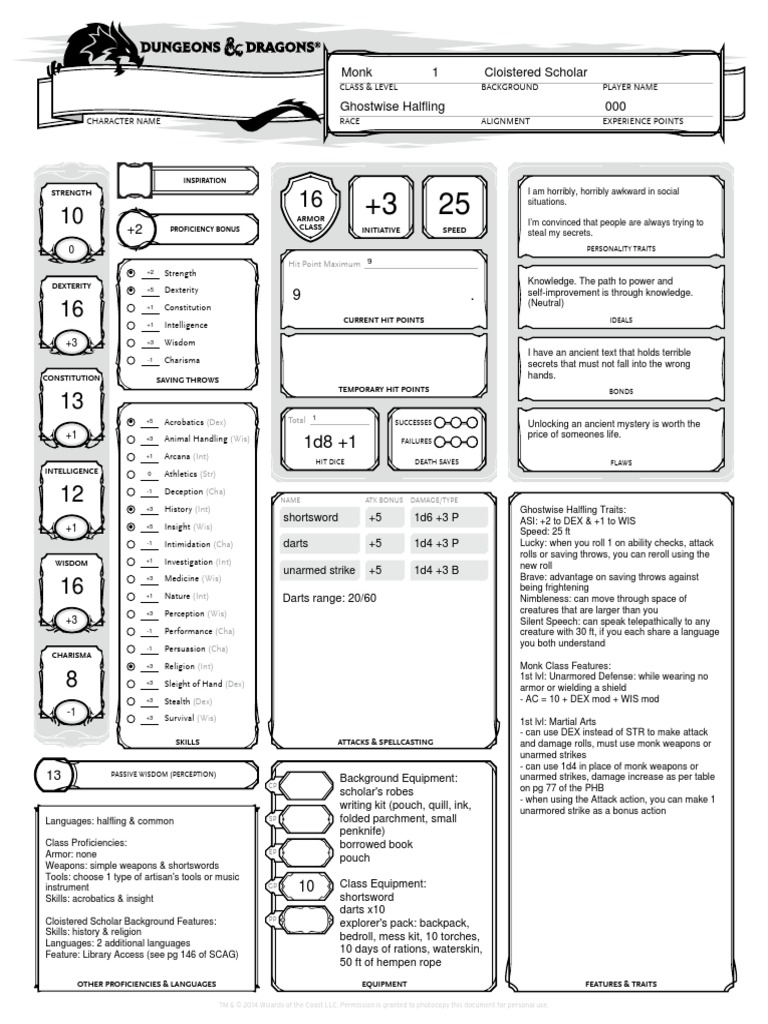 Monk 1 Cloistered Scholar Ghostwise Halfling 000 | PDF | Role Playing ...