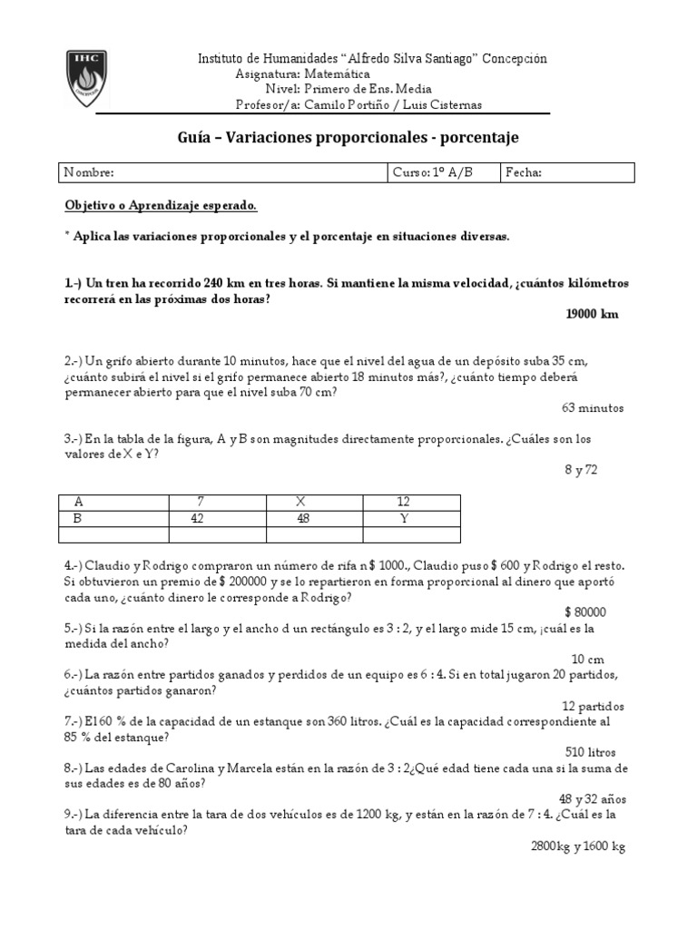 Guía - Variaciones Proporcionales y Porcentaje 1° A | PDF