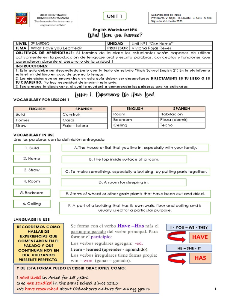 Worksheet N°4 - Unit N°1 - 2° Medio 2021 | PDF