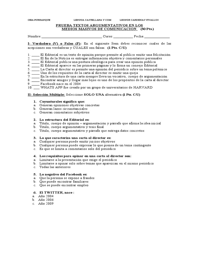 Prueba de Textos Argumentativos en Medios | PDF | Ciencias sociales