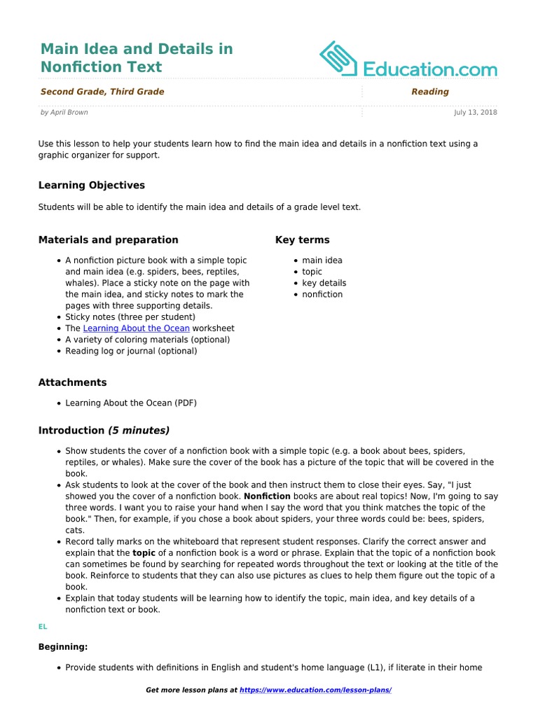 Main Idea & Details Lesson Plan | PDF | Books | Lesson Plan