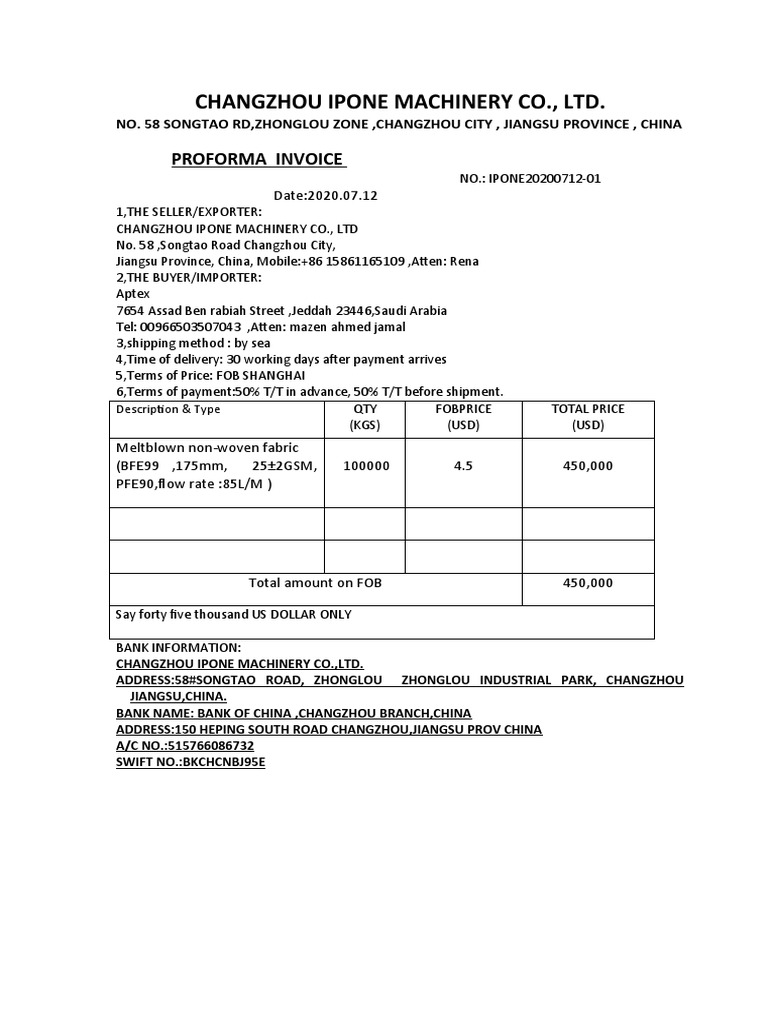 Changzhou Ipone Machinery Co., LTD.: Proforma Invoice | PDF