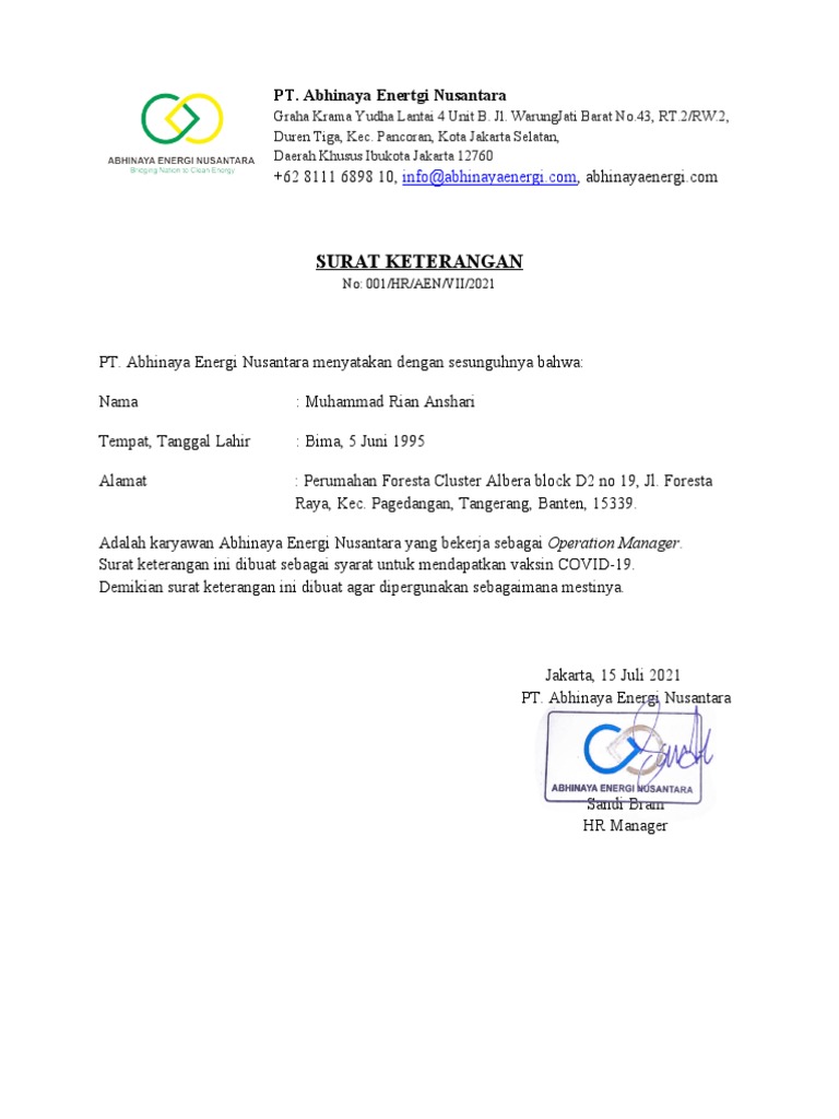 Surat Keterangan Kerja Format 1 | PDF