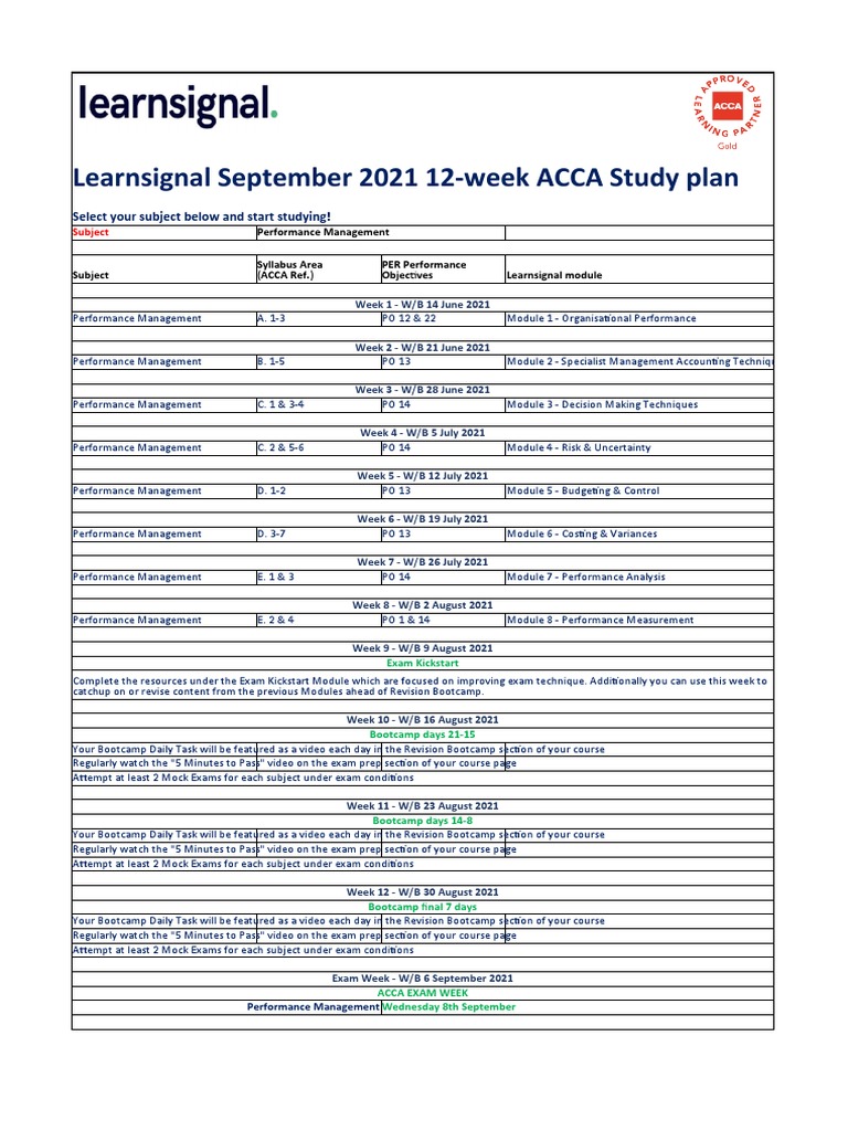 Learnsignal September 2021 12-Week ACCA Study Plan: Select Your Subject Below and Start Studying ...