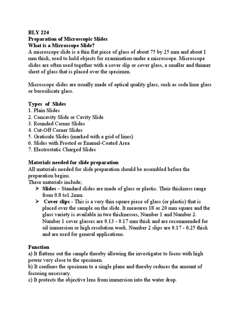 Steps for Preparing Microscope Slides | PDF | Chemistry | Optics