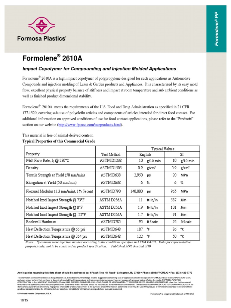 Formolene 2610A: Impact Copolymer For Compounding and Injection Molded Applications | PDF ...