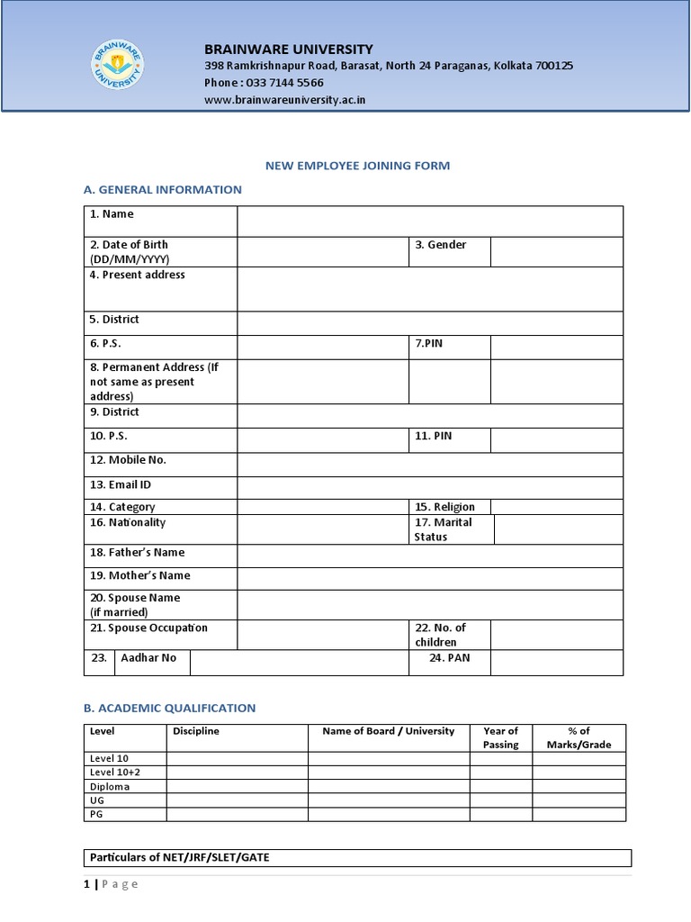 Brainware University: New Employee Joining Form A. General Information ...