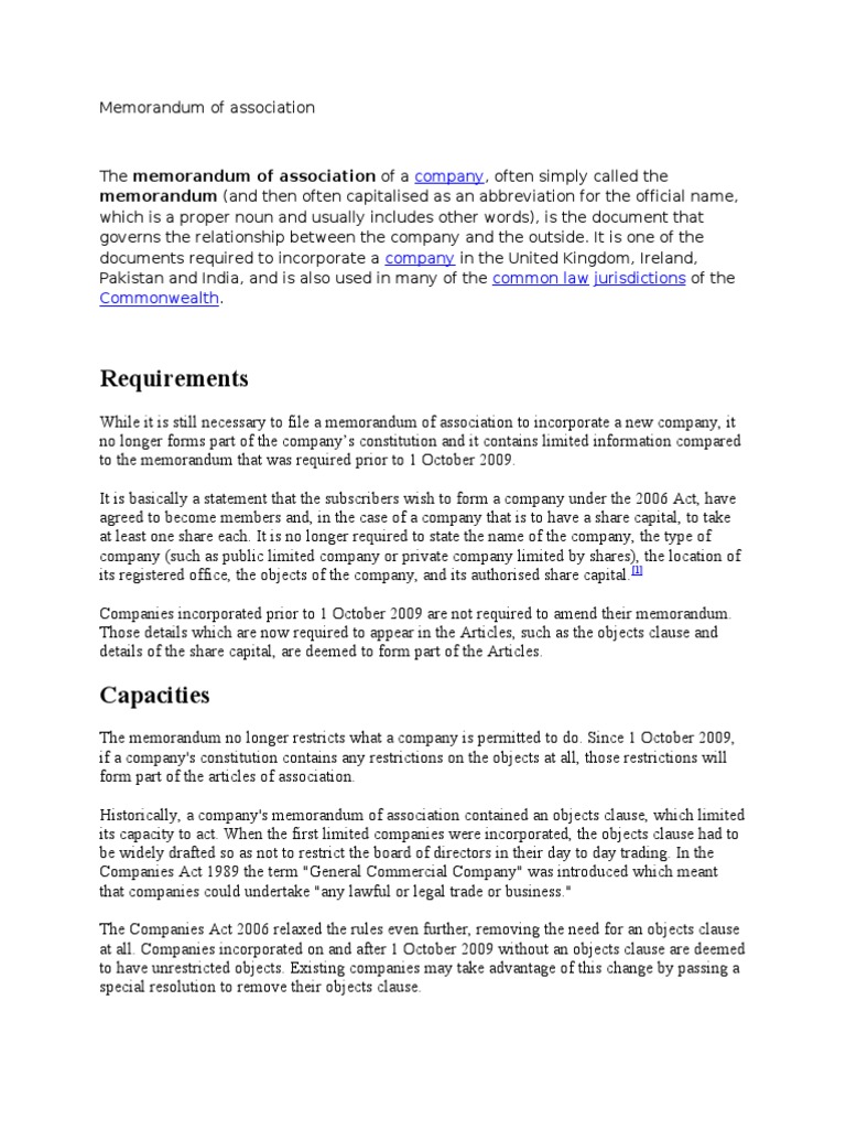 Memorandum of Association Guide | PDF | Companies | Government Information