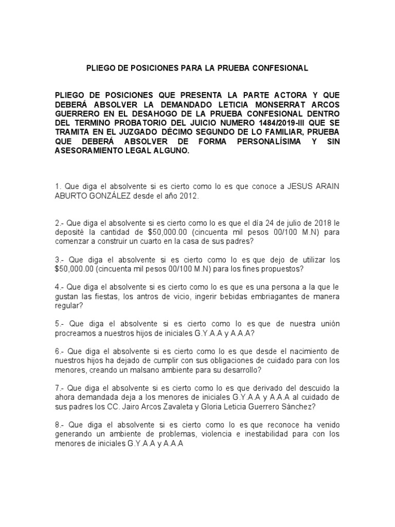 Pliego de Posiciones para La Prueba Confesional | PDF Pliego de Posiciones para La Prueba Confesional | PDF