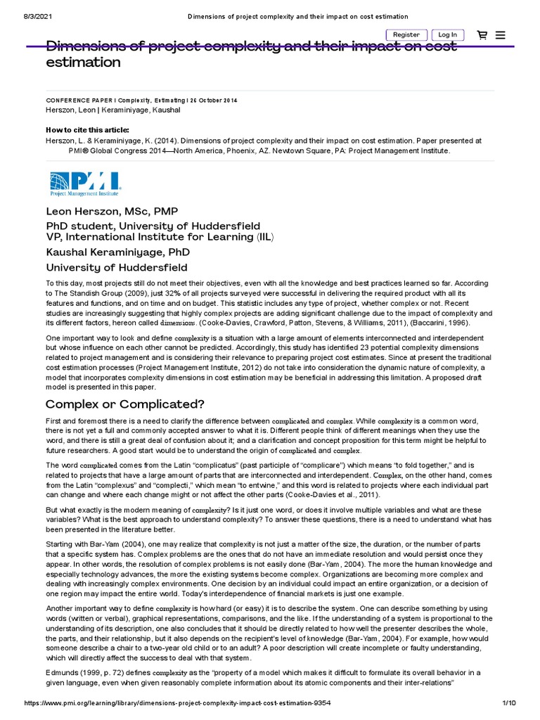 Dimensions of Project Complexity and Their Impact On Cost Estimation ...