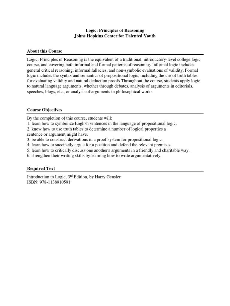 Logic: Principles of Reasoning Johns Hopkins Center For Talented Youth | PDF | Inductive ...