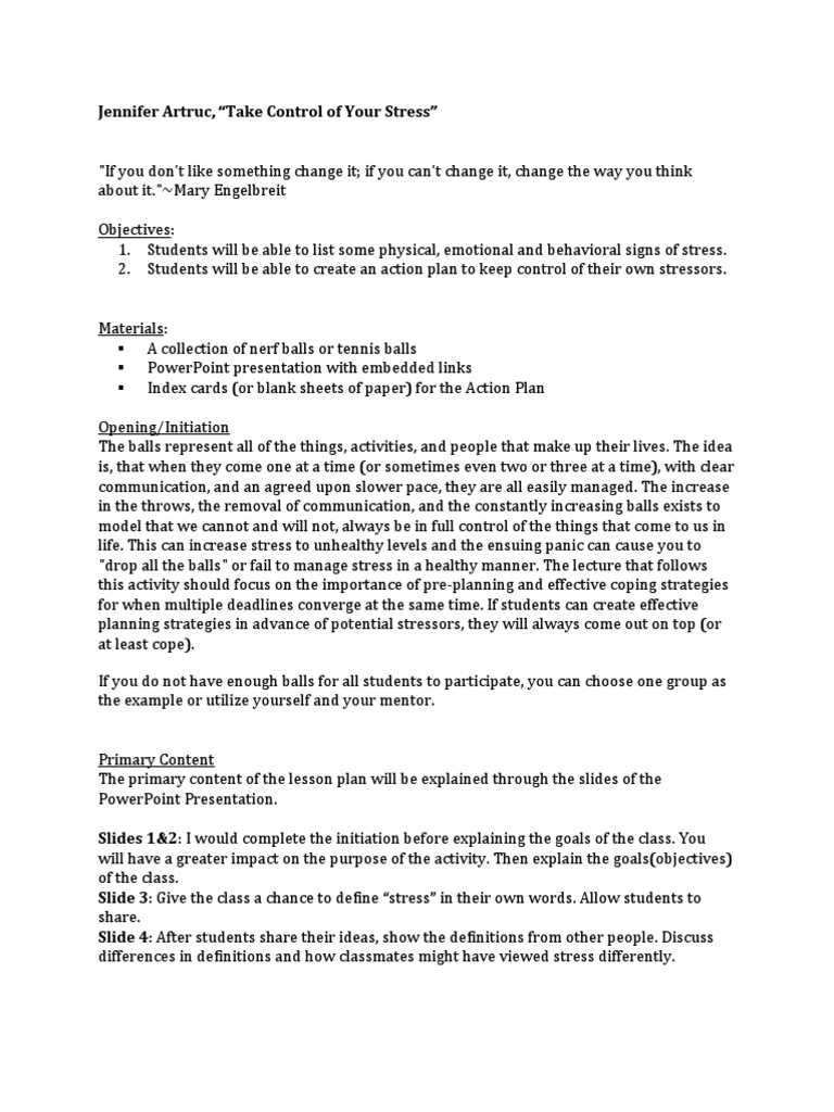 Stress Management Lesson Plan | PDF | Relaxation (Psychology) | Medical ...