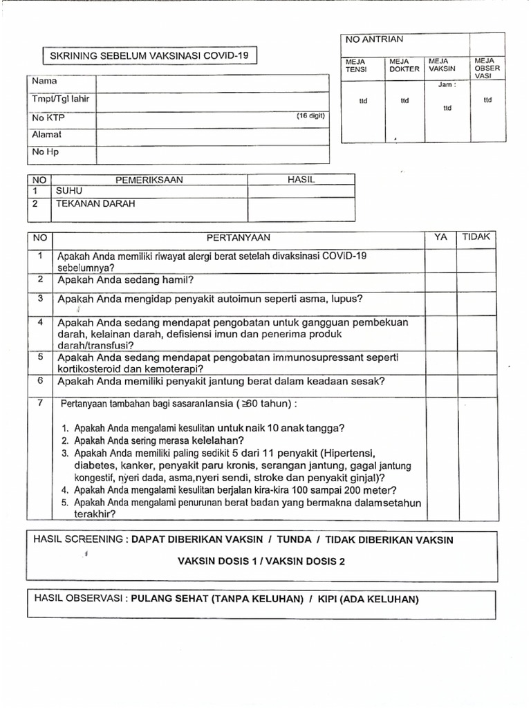 Form Skrining Vaksin | PDF