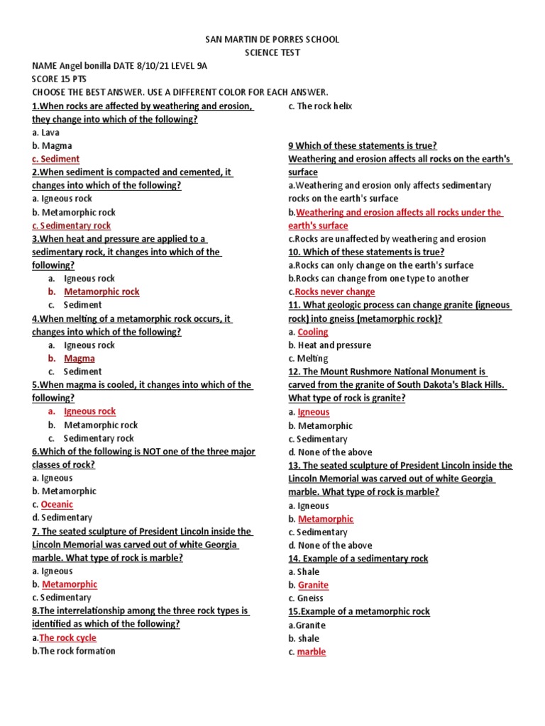 Science Test 9A | PDF | Rock (Geology) | Sedimentary Rock