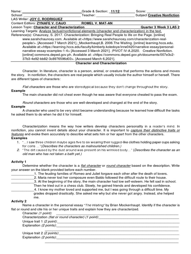 Grade 12-Creative Nonfiction Week 3 Las 2 | PDF