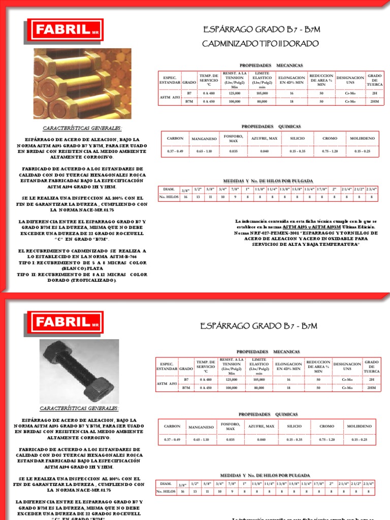 Catalogo Esparragos B7, B7M. B8, B16, B8M | PDF | Tornillo | Acero