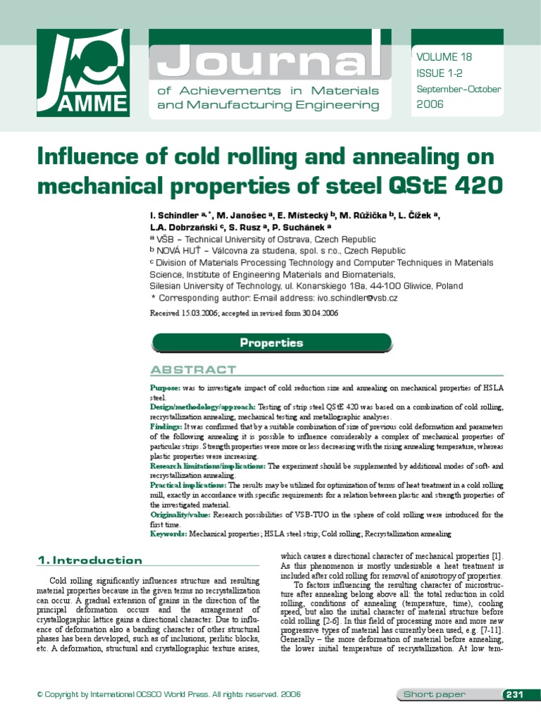 Influence of Cold Rolling and Annealing On Mechanical Properties of Steel Qste 420 | PDF ...