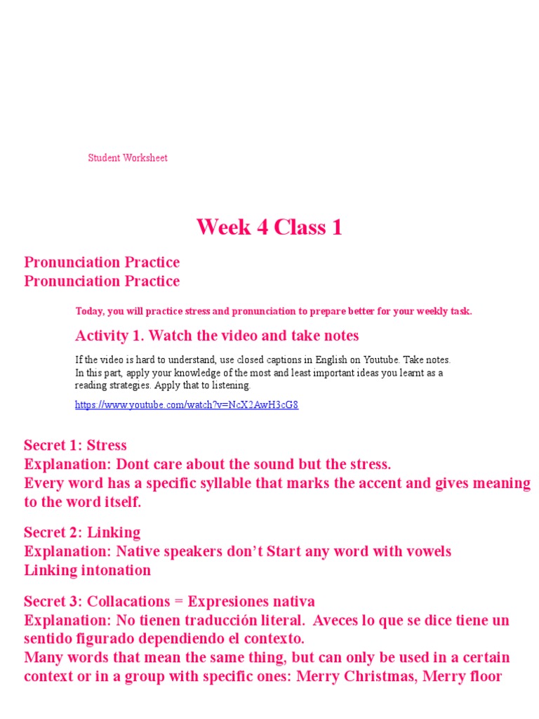 Week 4 Class 1: Student Worksheet | PDF | Stress (Linguistics ...