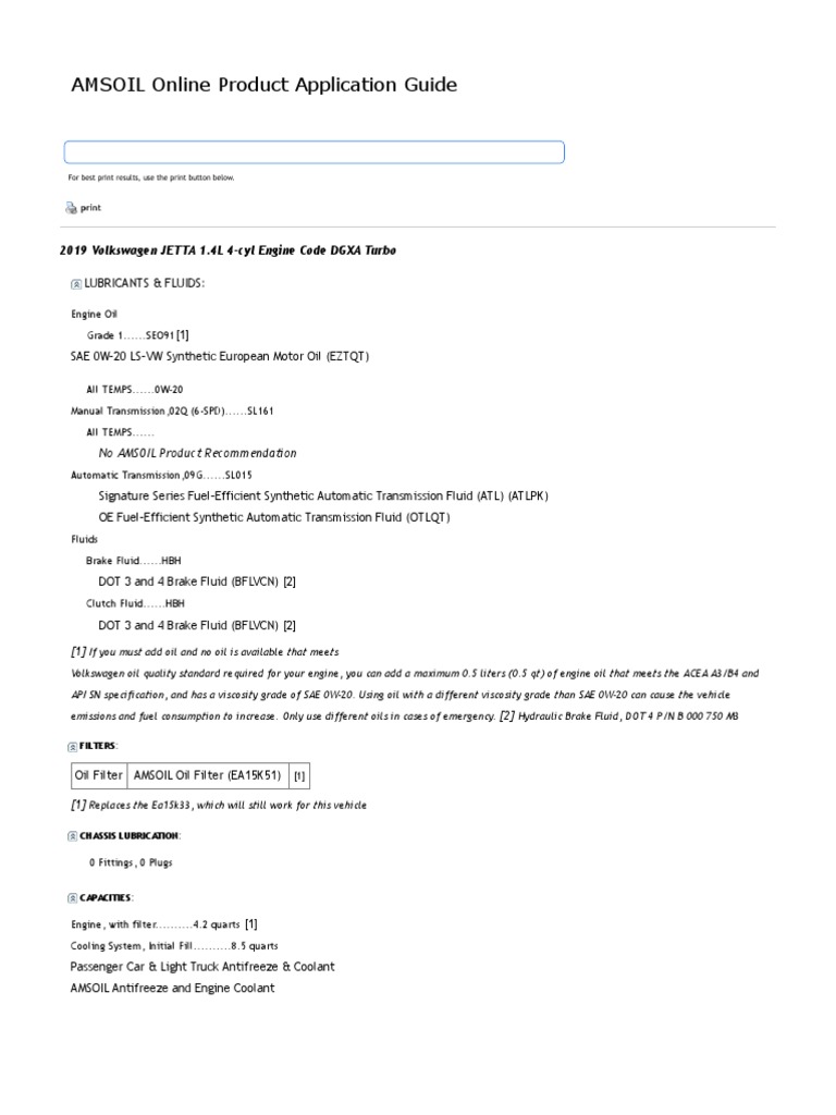 AMSOIL Application Guide for 2019 Jetta | PDF | Motor Oil ...