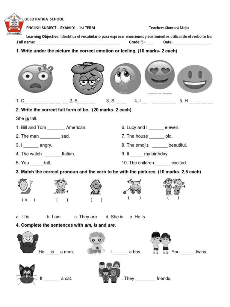 English Exam: Emotions & Verb "To Be" | PDF