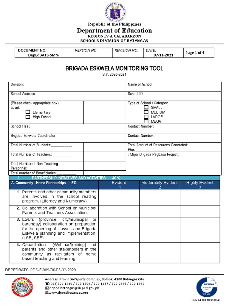 Department of Education: Brigada Eskwela Monitoring Tool | PDF ...