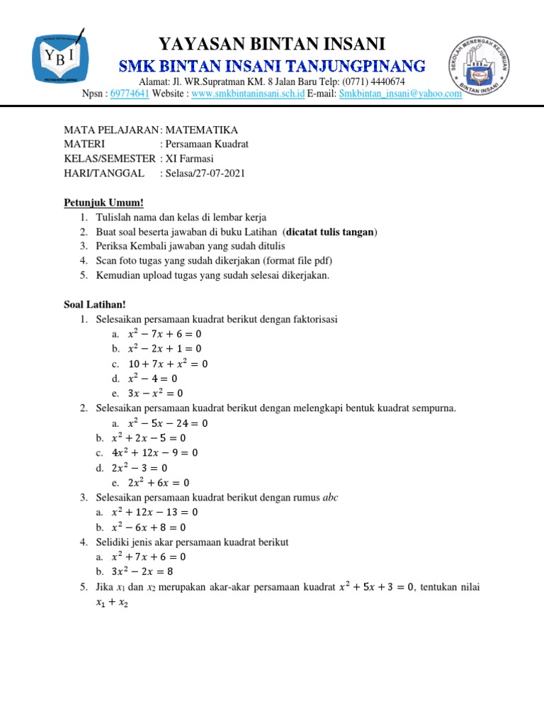 Soal Latihan (Persamaan Kuadrat) | PDF | Metode & Bahan Ajar | Sains & Matematika