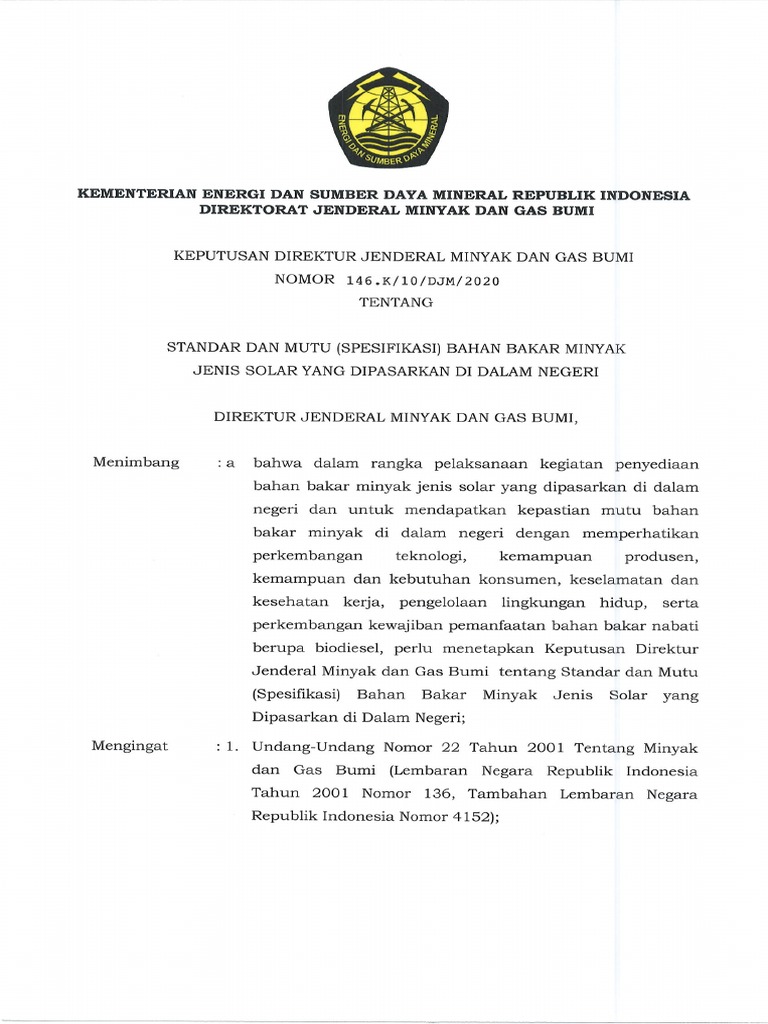 Kep Dirjen Migas 146 K-10-DJM-2020 - Solar B0 & B30 | PDF