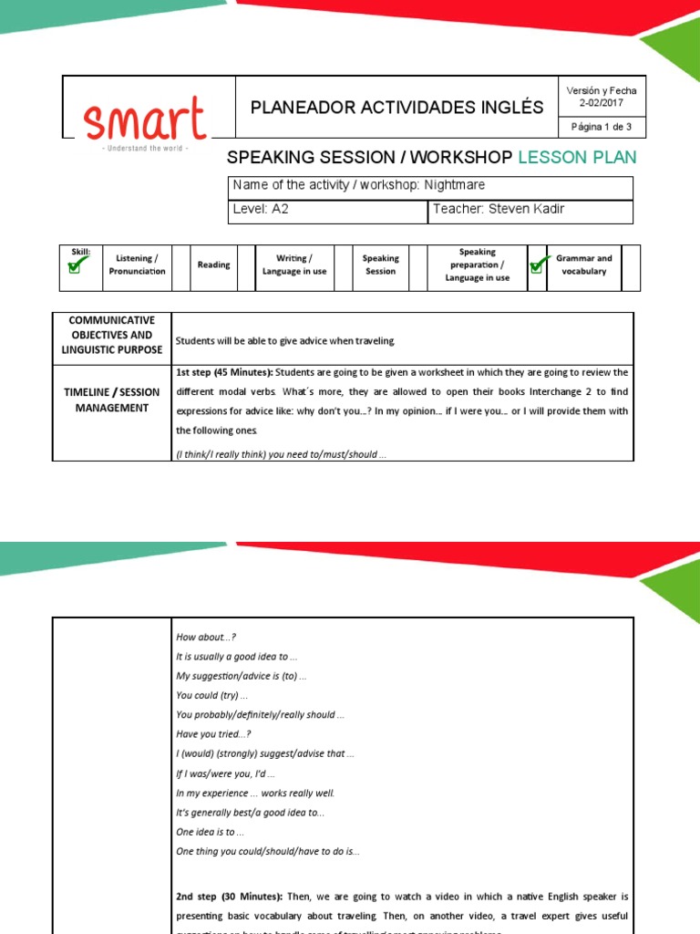 Planeador Actividades Inglés Speaking Session / Workshop: Lesson Plan ...