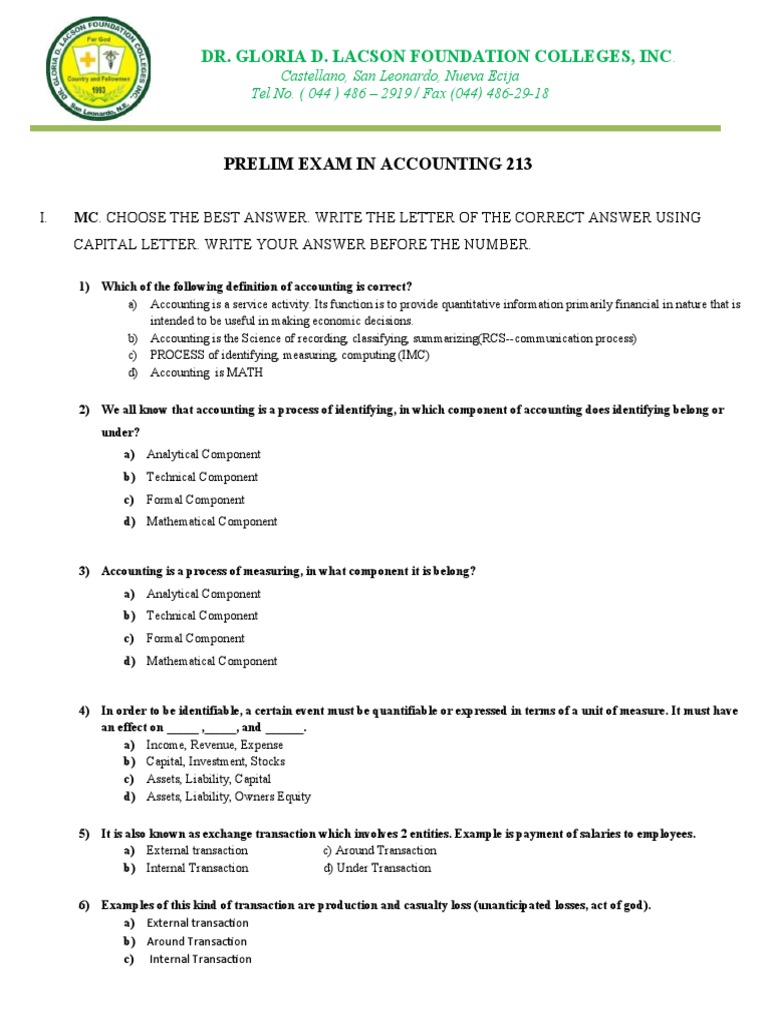 Prelim Exam in Acctg. 213 | PDF | Financial Statement | Accounting