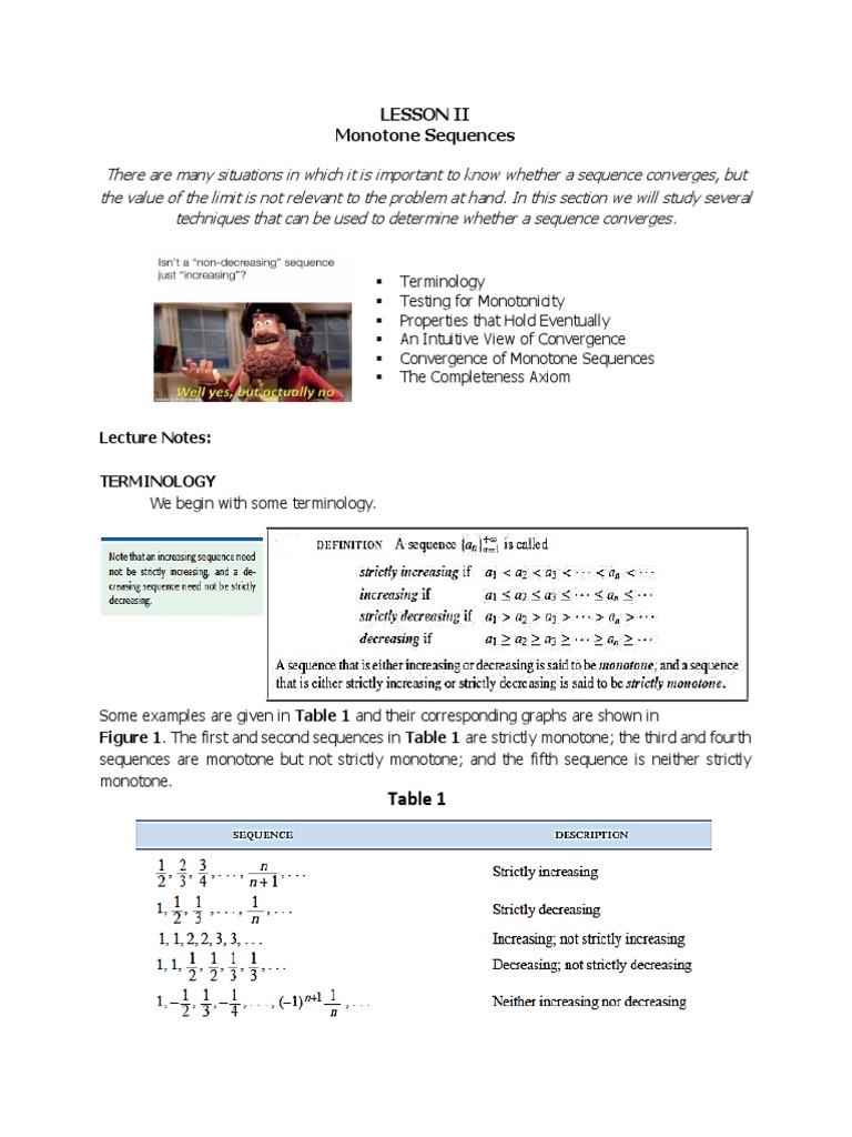 Lesson Ii Monotone Sequences: Lecture Notes: Terminology | PDF ...