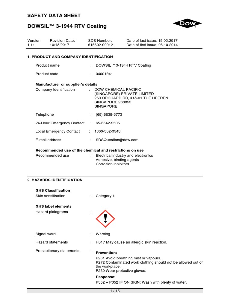 Dowsil-3-1944-Rtv-Coating SDS | PDF | Toxicity | Personal Protective ...