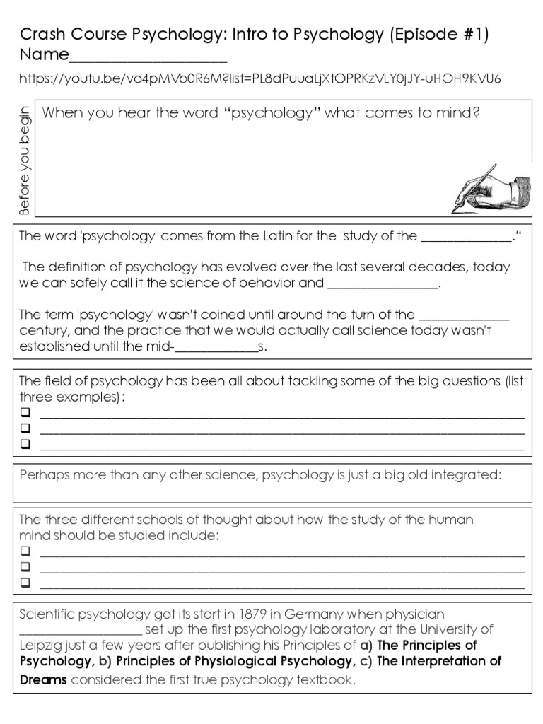 Crash Course Psychology - Episode1 Intro To Psychology WORKSHEET | PDF ...